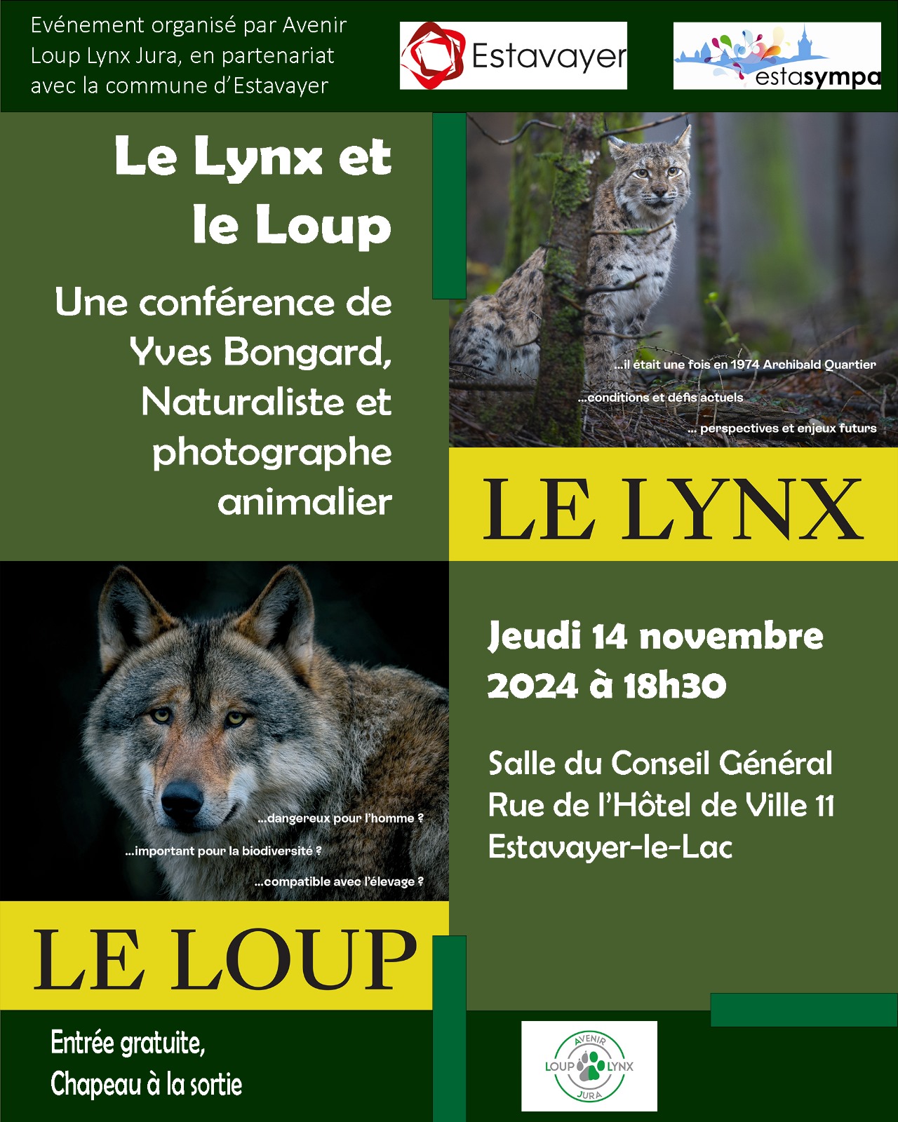 Invitation : Conférence "Le lynx et le loup" jeudi 14 novembre à Estavayer-le-Lac - Avenir Loup ...